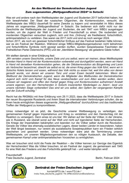 An den Weltbund der Demokratischen Jugend - Freie Deutsche Jugend (FDJ ...